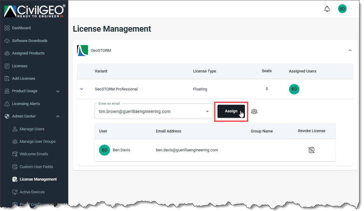 Assigning and Revoking Software Licenses - CivilGEO Knowledge Base