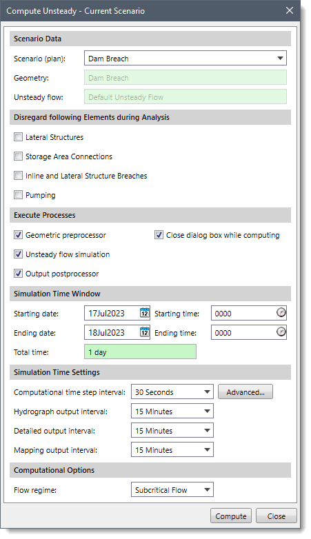 Compute Unsteady - Current Scenario Command - CivilGEO Knowledge Base